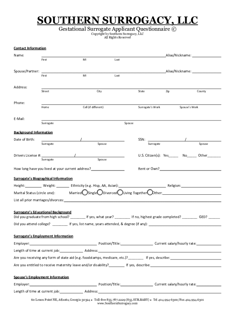 Fillable Online GESTATIONAL SURROGACY APPLICATION Full Name Fax Email ...