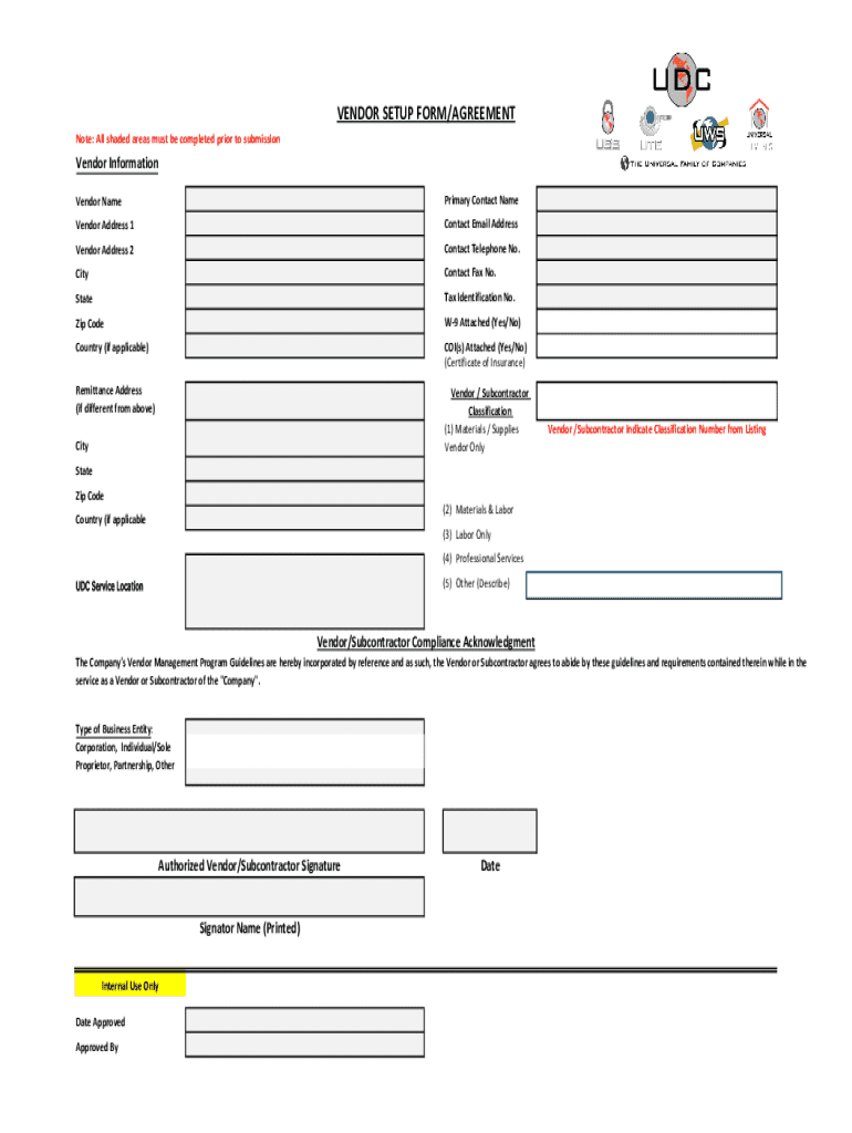 Fillable Online VENDOR SETUP FORM/AGREEMENT Fax Email Print - pdfFiller