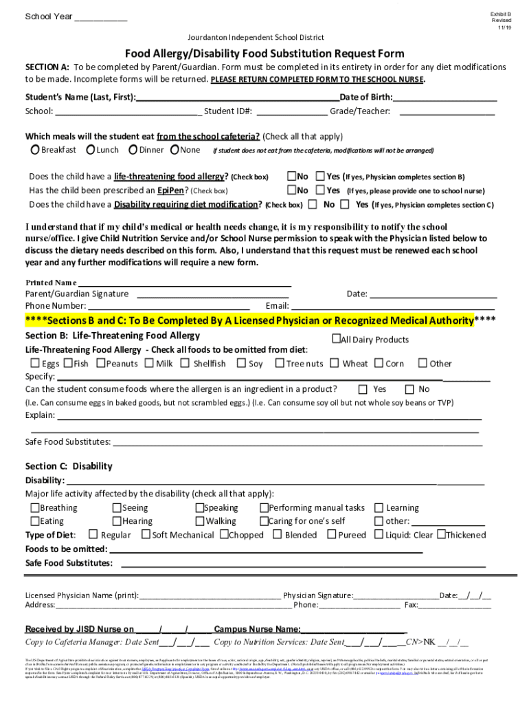 Fillable Online Food Allergy/Disability Substitution Request Form Fax ...