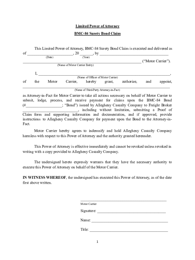 Fillable Online Limited Power of Attorney BMC-84 Surety Bond Claim This ...