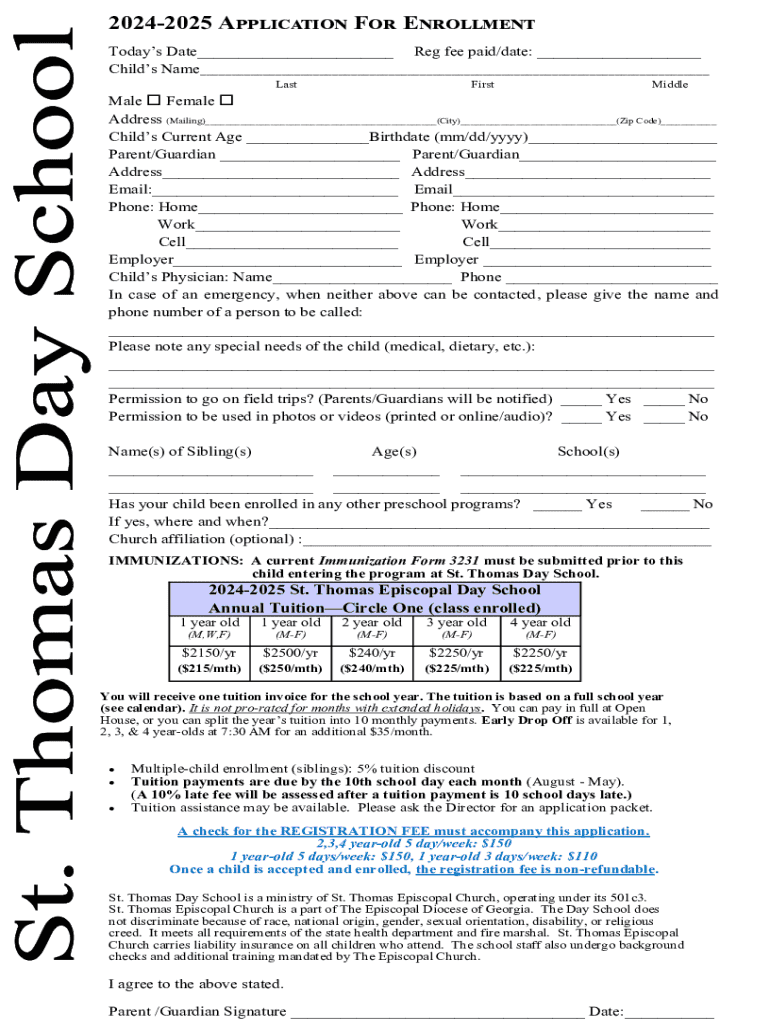 Fillable Online 2024-2025 Application For Enrollment - St Thomas Day ...