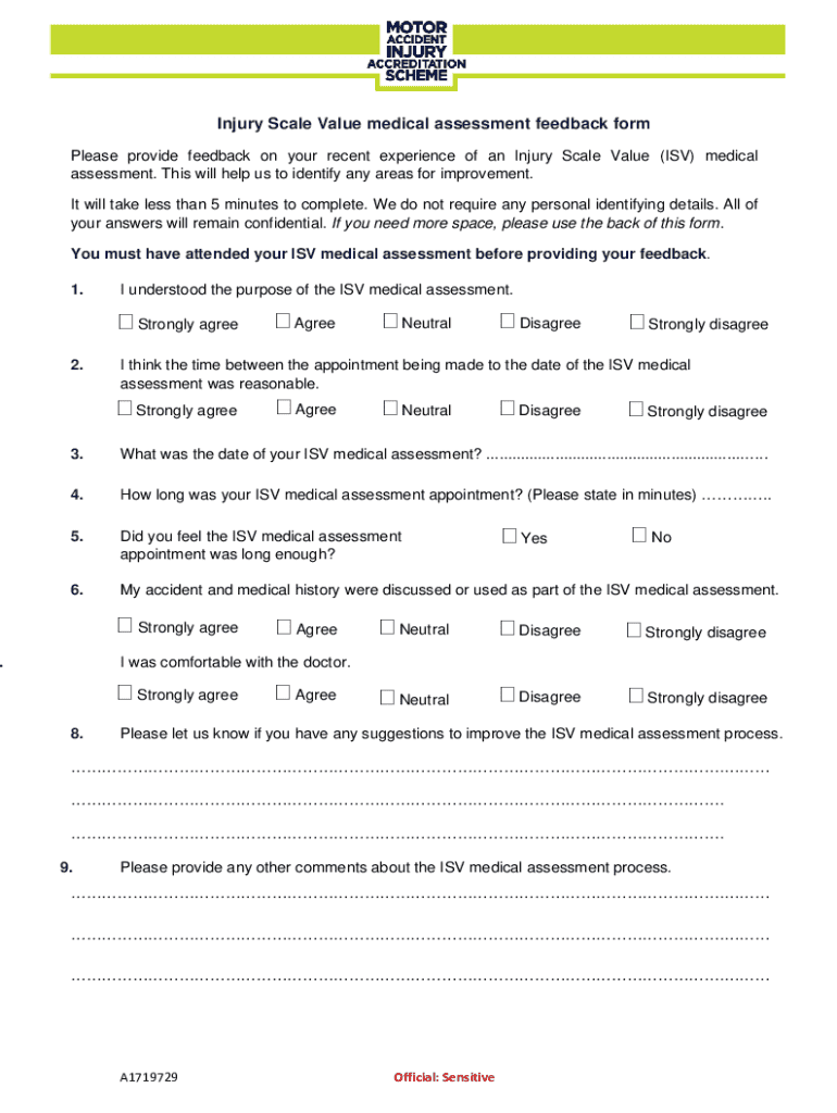 Fillable Online Injury Scale Value medical assessment feedback form Fax ...