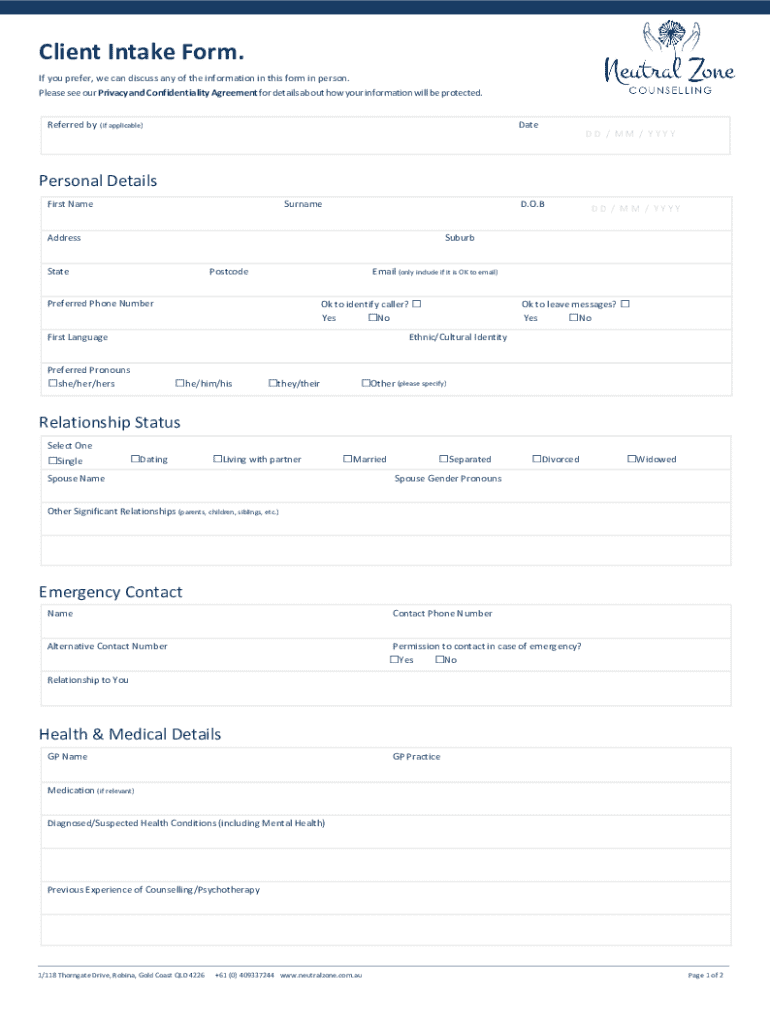 Fillable Online Clinical Template Client Intake Form Fax Email Print ...