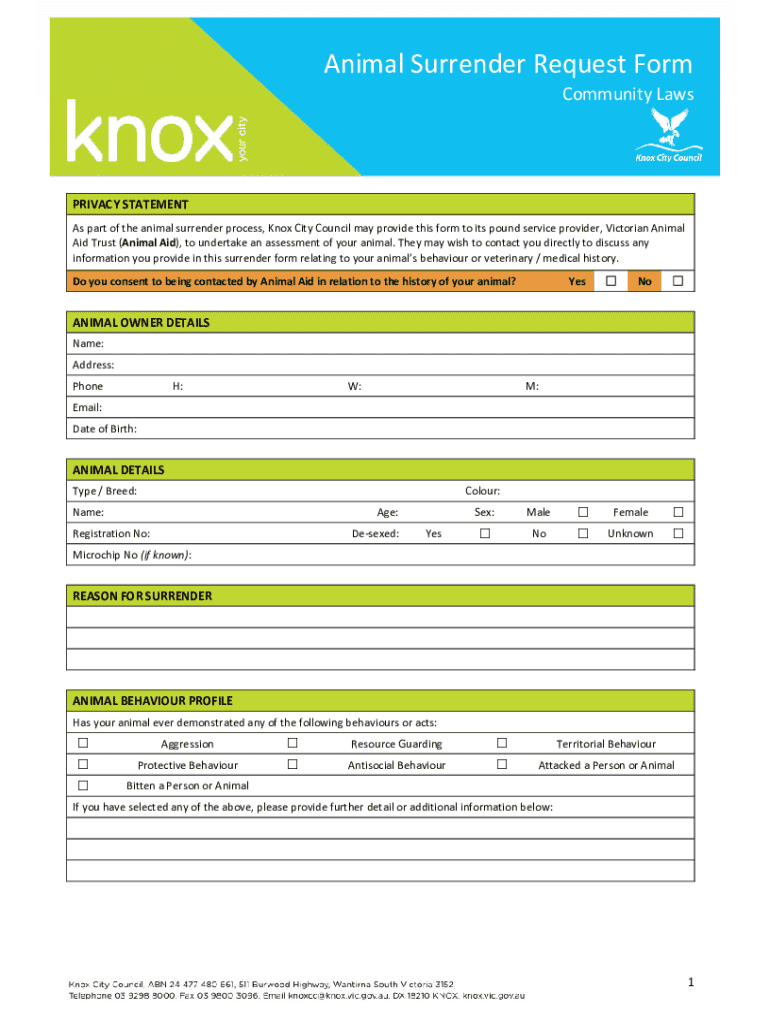 Fillable Online Animal Surrender Request Form Fax Email Print - pdfFiller