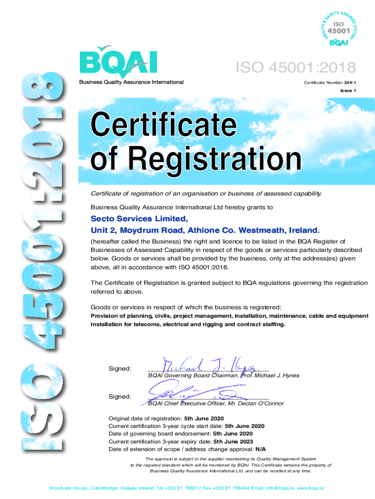 Fillable Online ISO 45001: Multi-Site Registration Certificate Fax ...