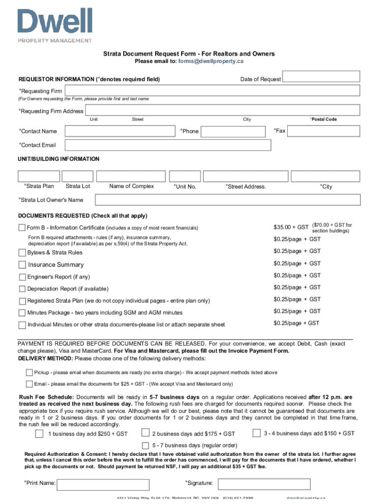 Fillable Online Request For Strata Corporation Form B(Information ...