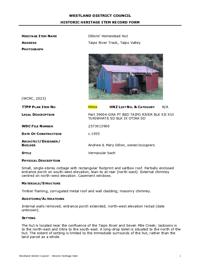 Fillable Online WDC historic heritage item record form - Dillons\' Homestead Hut, Taipo Valley ...