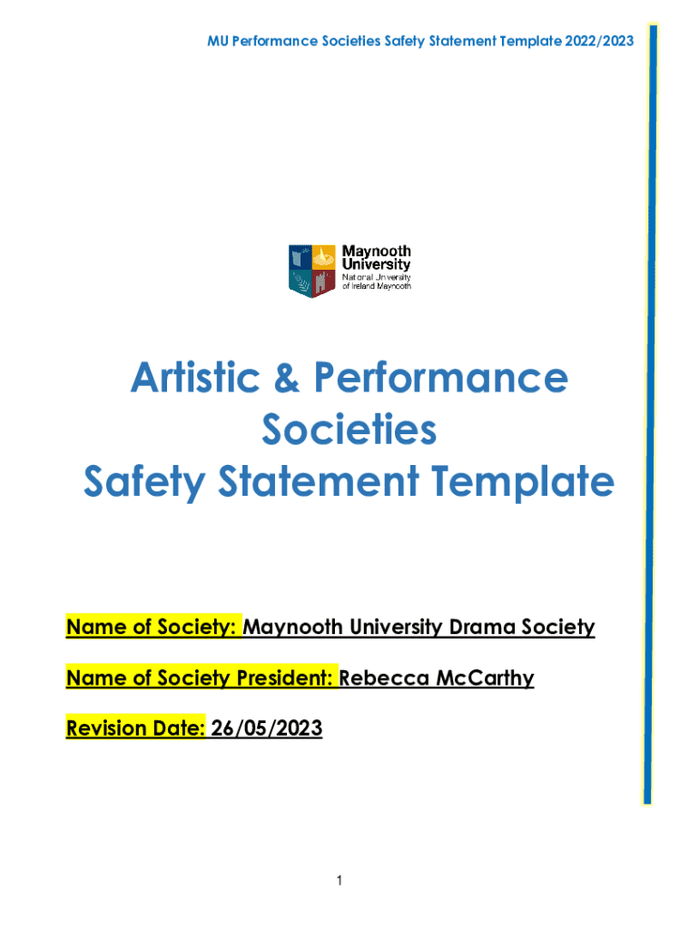 Fillable Online Artistic & Performance Societies Safety Statement ...