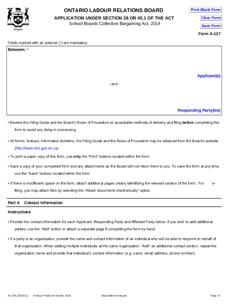 Fillable Online OLRB APPLICATION UNDER SECTION 28 OR 45.1 OF THE ACT ...