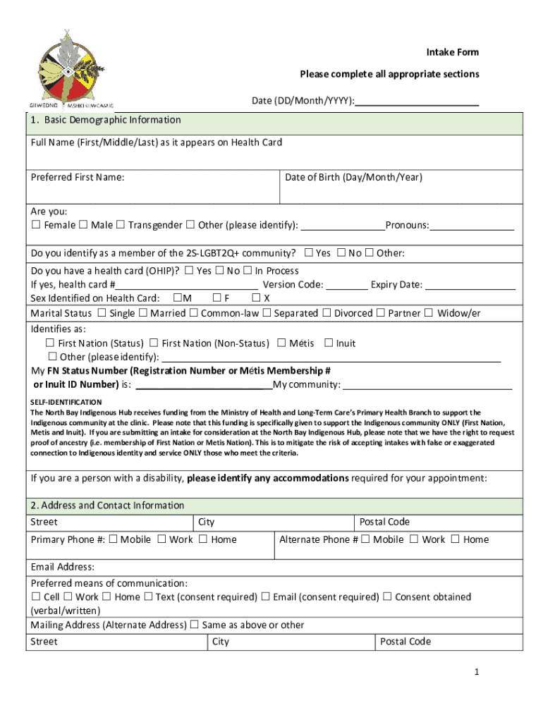 Fillable Online Intake Form Please complete all appropriate sections Date ... Fax Email Print ...