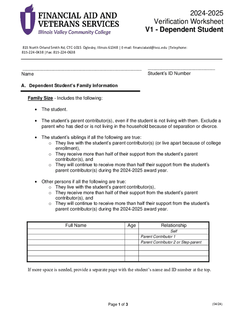 Fillable Online 2024-2025 Verification Worksheet V5 - Dependent Student Fax Email Print - pdfFiller