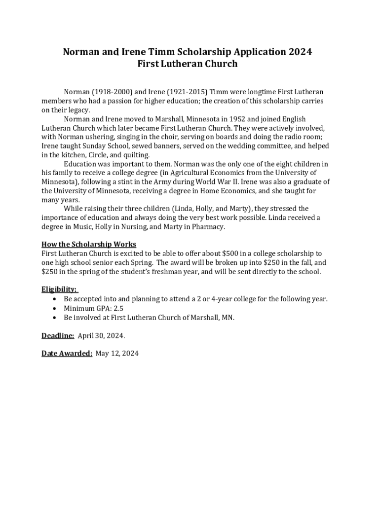 Fillable Online Norman and Irene Timm Scholarship Application 2024 ...