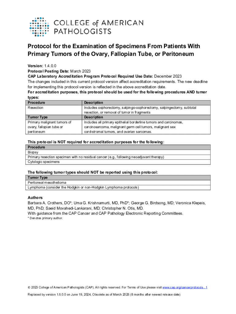 Fillable Online Primary Tumors of the Ovary, Fallopian Tube, or ...