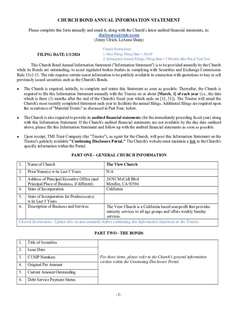 Fillable Online Church Bond Rule 15c2-11 Annual Information Statement ...