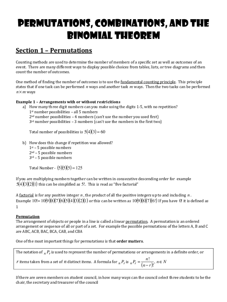 Fillable Online Permutations, Combinations, and the Binomial Theorem Fax Email Print - pdfFiller