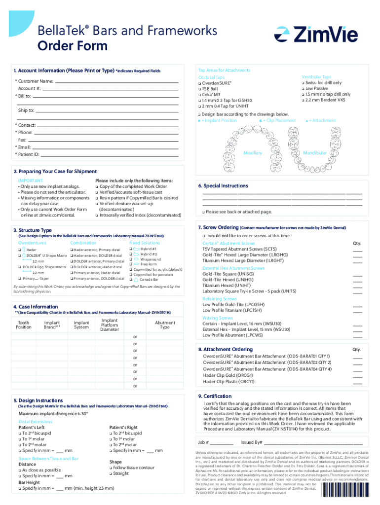 Fillable Online BellaTek Bars and Frameworks Order Form Fax Email Print ...