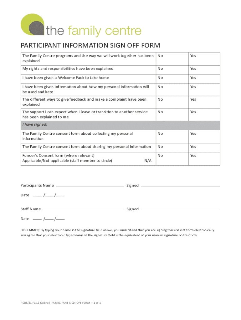 Fillable Online participant information sign off form - The Family Centre Fax Email Print ...