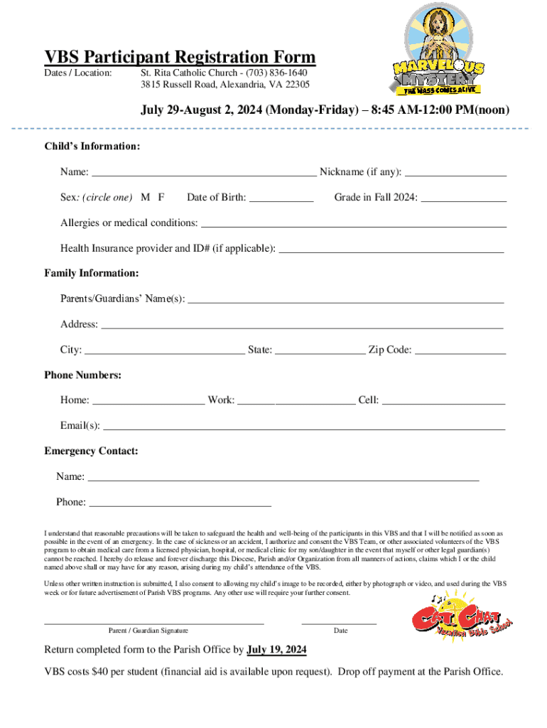Fillable Online VBS Participant Registration Form - Saint Rita Catholic ...