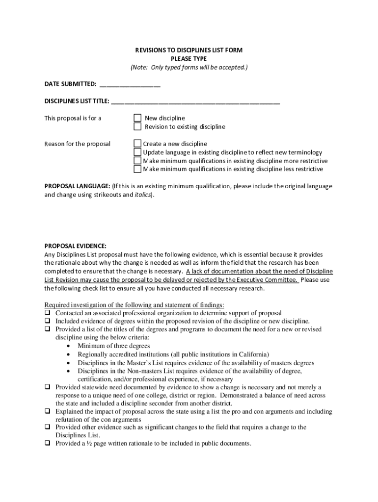 Fillable Online REVISIONS TO DISCIPLINES LIST FORM PLEASE TYPE (Note ...