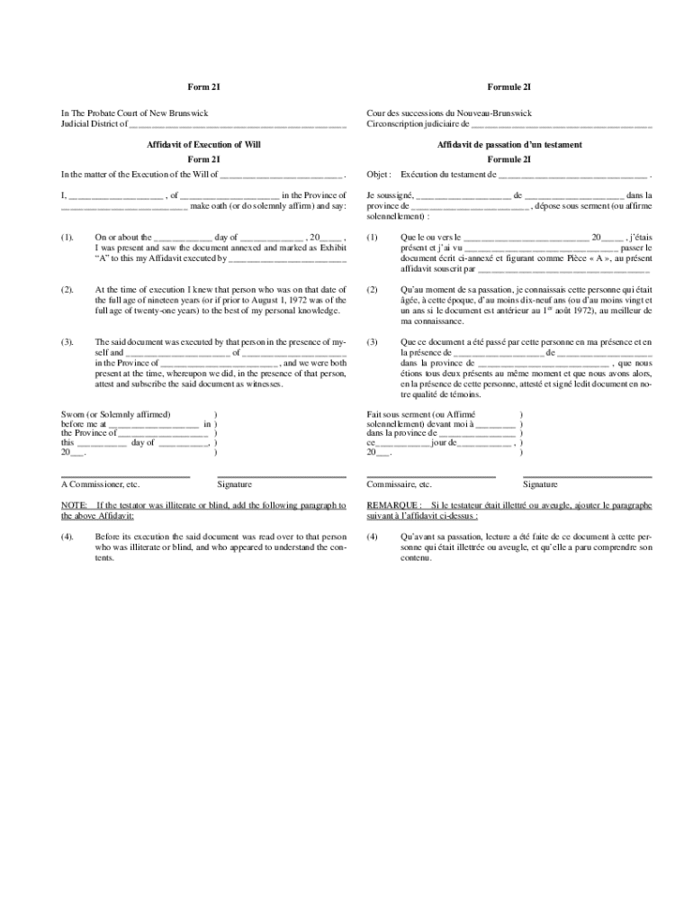 Remplissable en ligne Affidavit Of Execution Of Codicil To A Will - New Brunswick Fax Email ...
