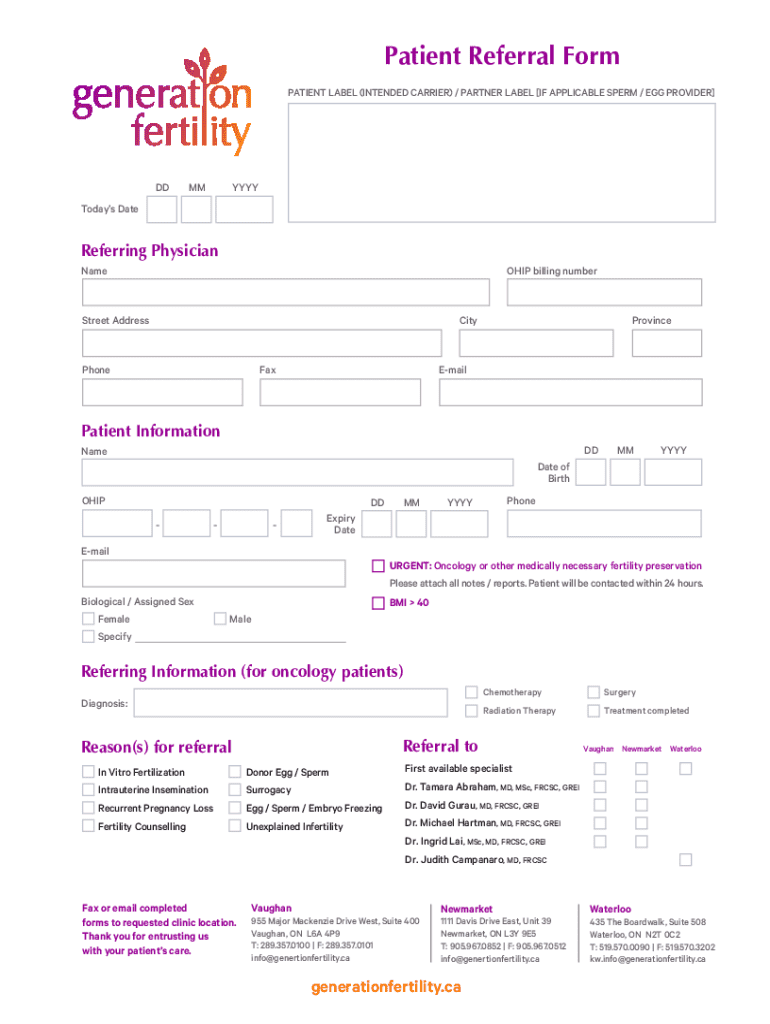 Fillable Online Fertility Treatment Patient Referral Form in Ontario, Canada Fax Email Print ...