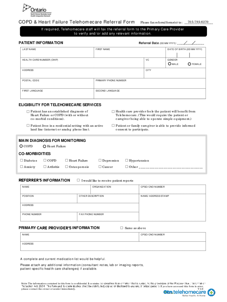 Fillable Online COPD and Heart Failure Telehomecare Referral Form Fax ...