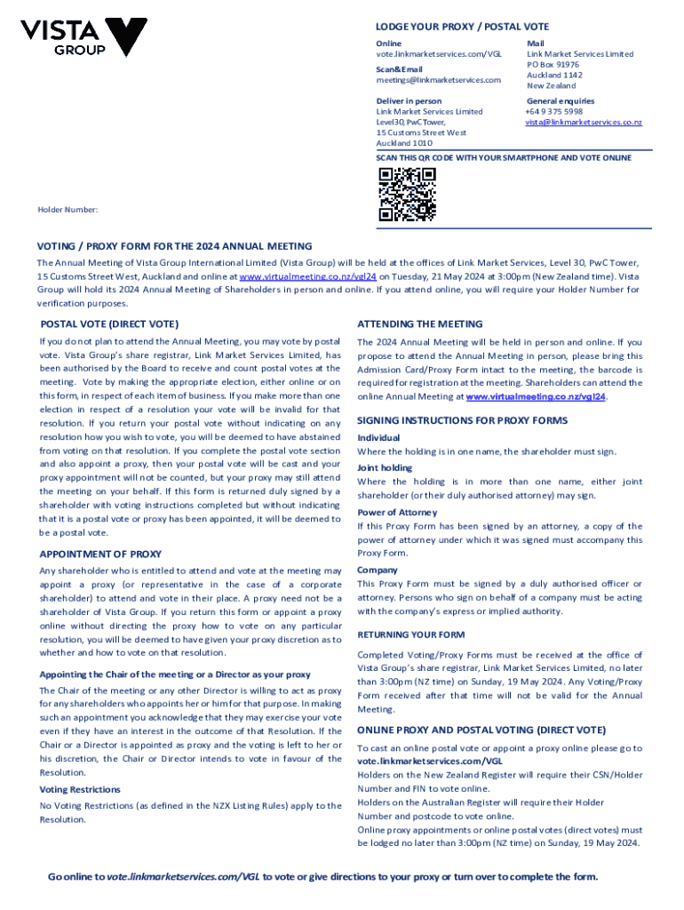 Fillable Online Notice of Annual General Meeting/Proxy Form - Vista Group ... Fax Email Print ...