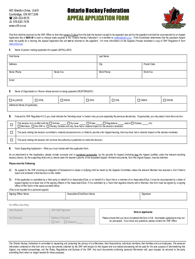 Fillable Online Ontario Hockey Federation - APPEAL APPLICATION FORM Fax ...