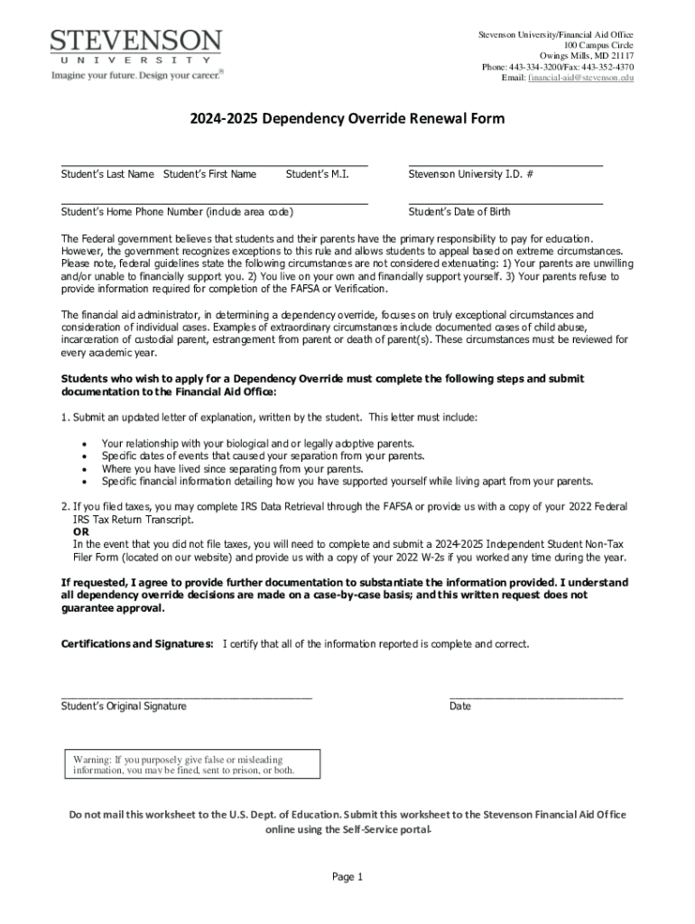 Fillable Online 2024-2025 Dependency Override Renewal Form Fax Email ...