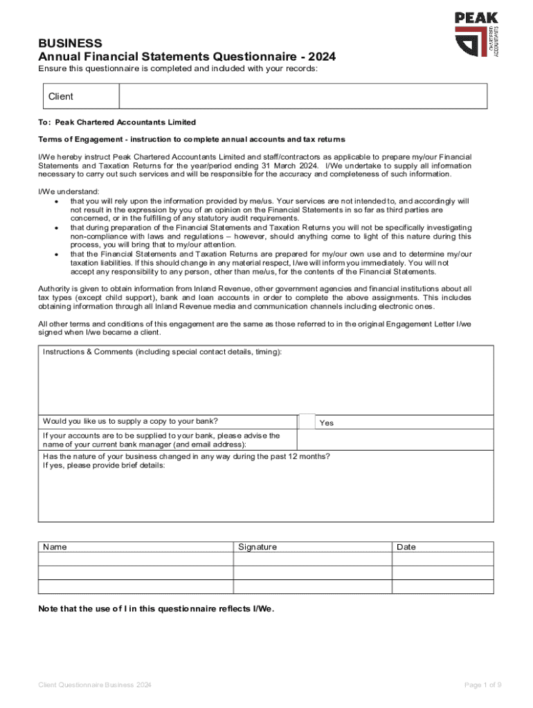 Fillable Online BUSINESS Annual Financial Statements Questionnaire Fax ...