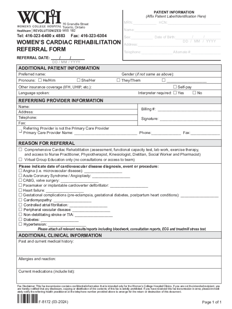 Fillable Online F-8172 Women\'s Cardiac Rehabilitation Referral Form ...