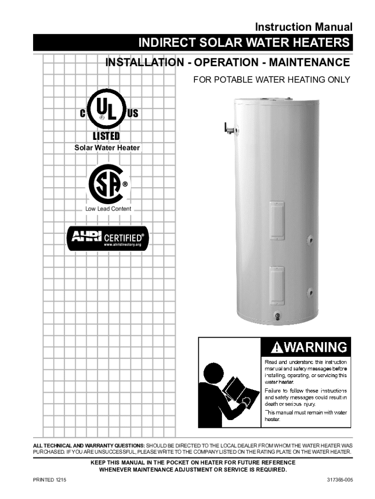 Fillable Online indirect solar water heaters - installation - operation Fax Email Print - pdfFiller