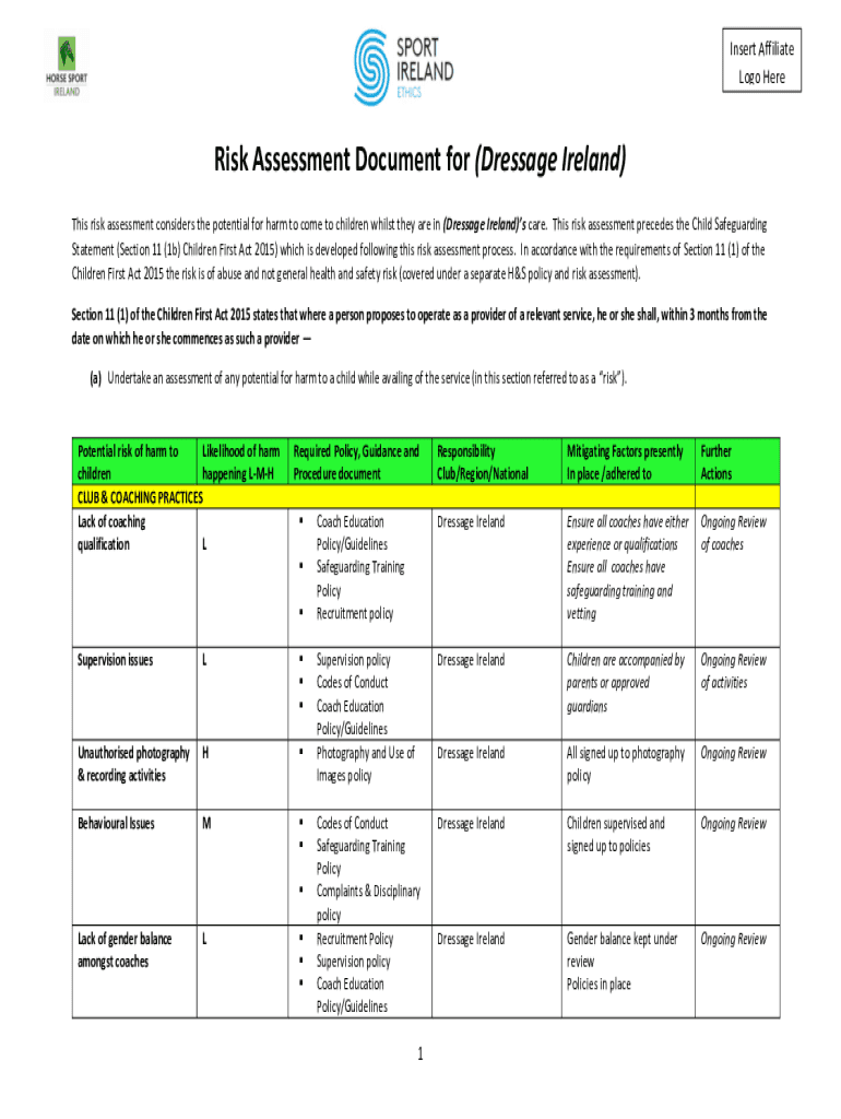 Fillable Online Risk Assessment Document for Dressage Ireland Fax Email ...