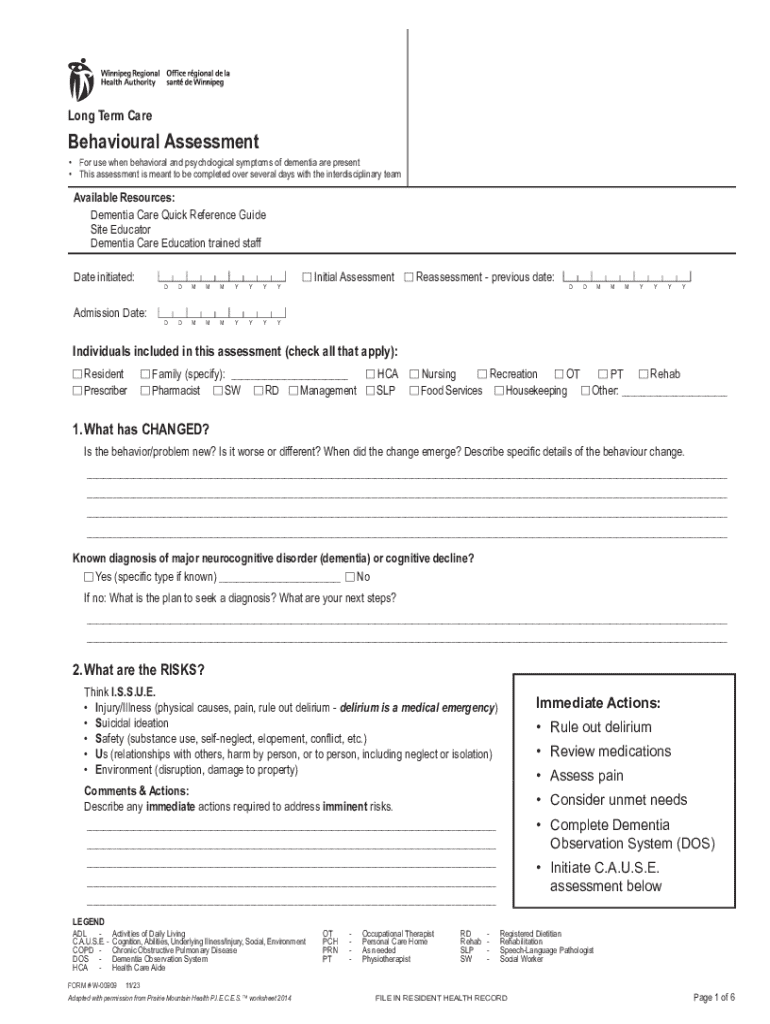 Fillable Online Long Term Care Dementia Behavioural Assessment Sample ...