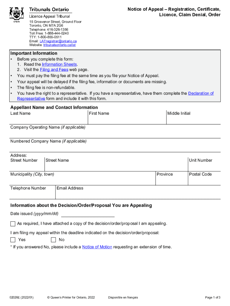 Fillable Online Notice of AppealRegistration, Certificate, Licence, Claim Denial, Order Fax ...
