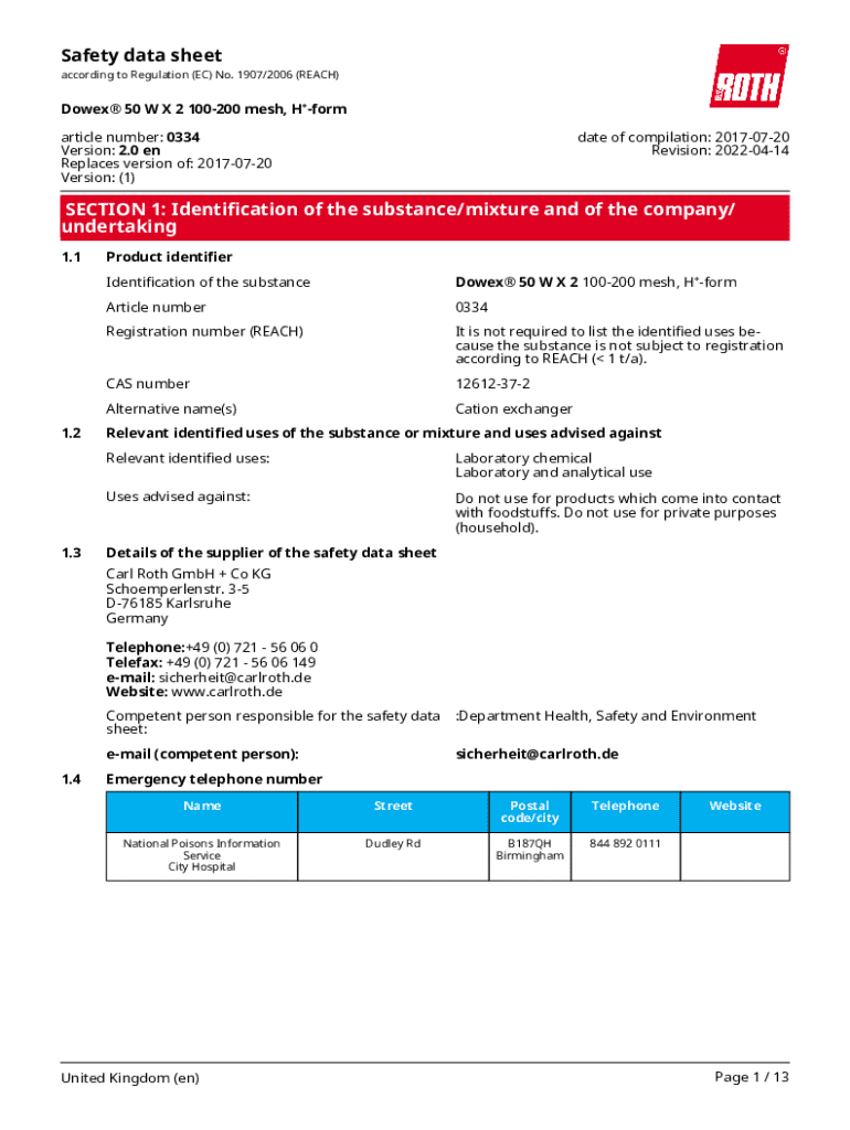 Fillable Online Safety Data Sheet: Dowex 50 W X 2 Fax Email Print ...