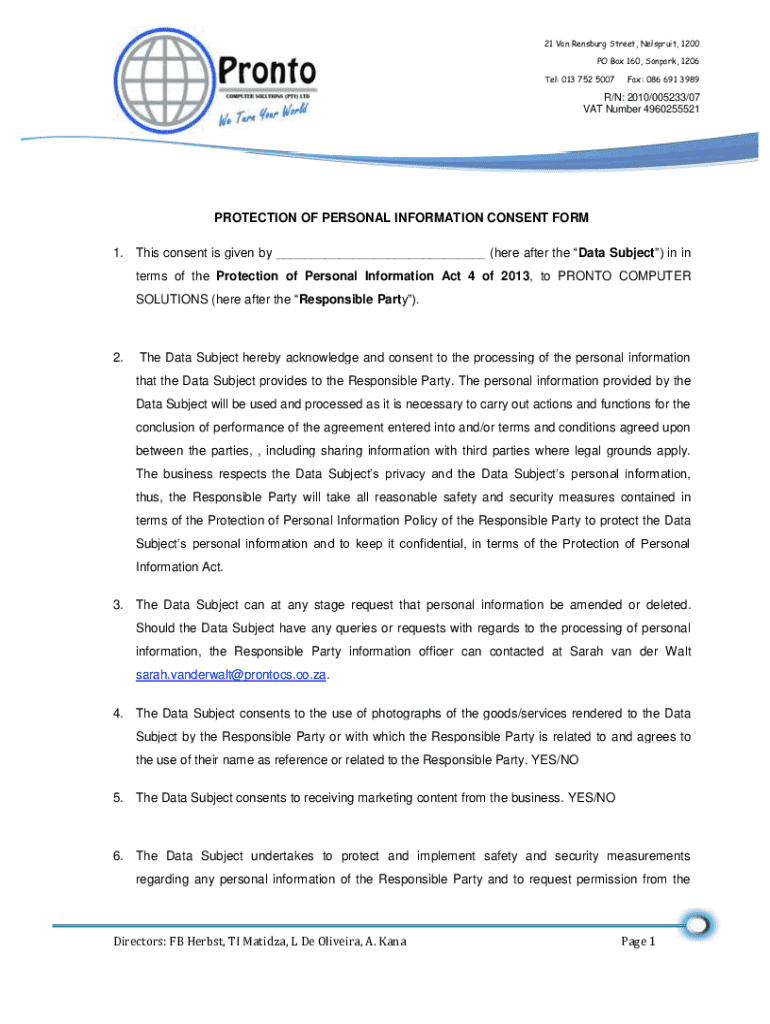 Fillable Online protection of personal information consent form Fax ...