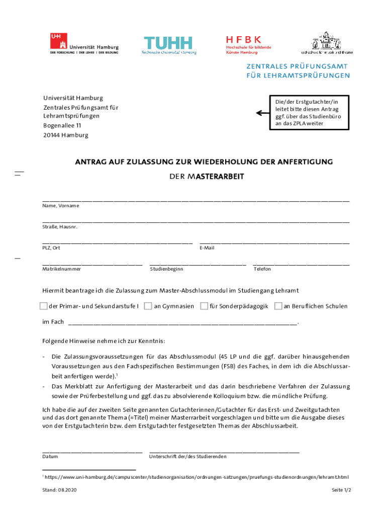 Ausfüllbares Online Antrag auf Zulassung zur Wiederholung zur Anfertigung der Masterarbeit Fax ...