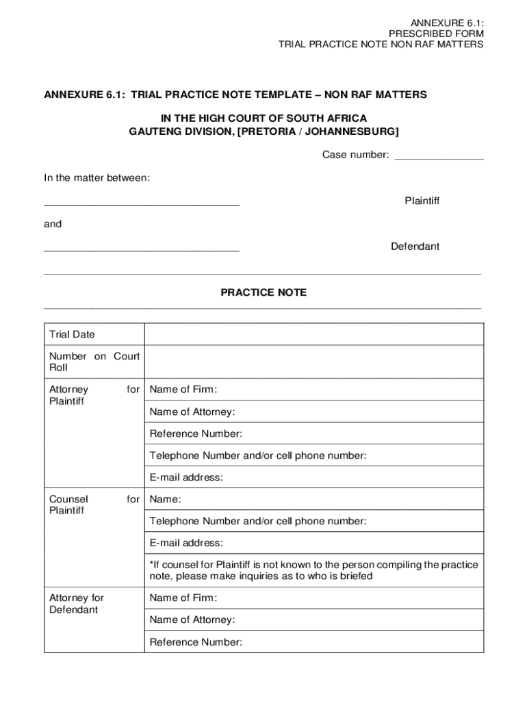 Fillable Online Prescribed form TRIAL PRACTICE NOTE NON RAF MATTERS Fax ...