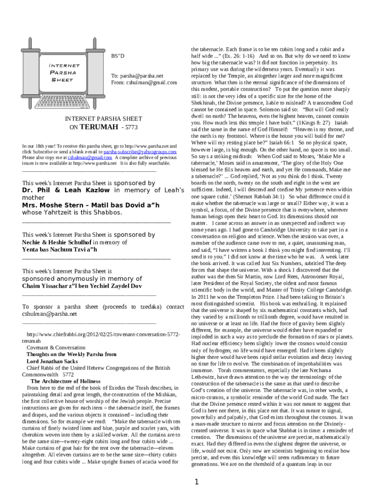 Terumah Parsha Sheet: The Building of the Beis HaMikdash Doc Template ...