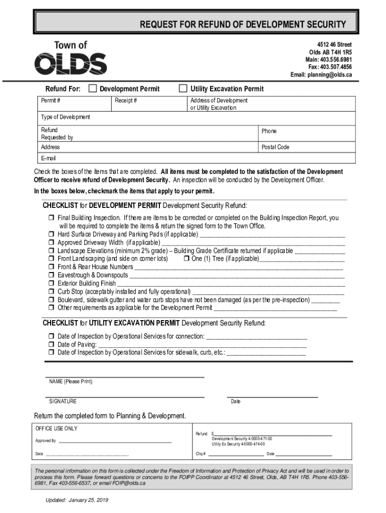 Fillable Online Town of Olds, Request for Refund of Development ...
