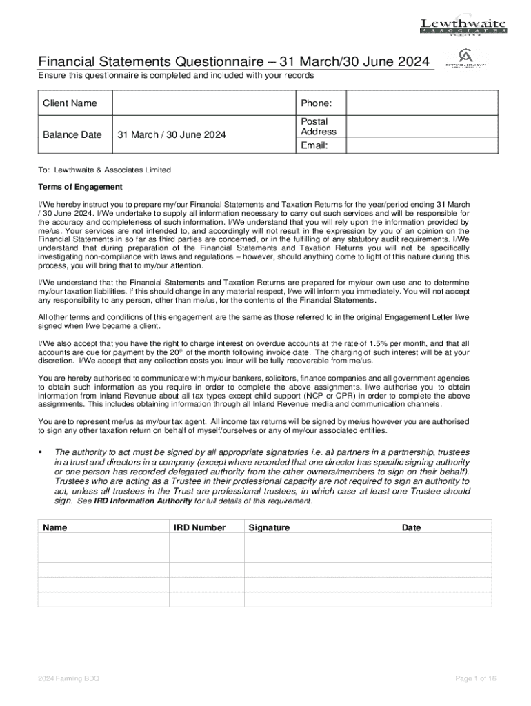 Fillable Online Financial Statements Questionnaire 31 March/30 June ...