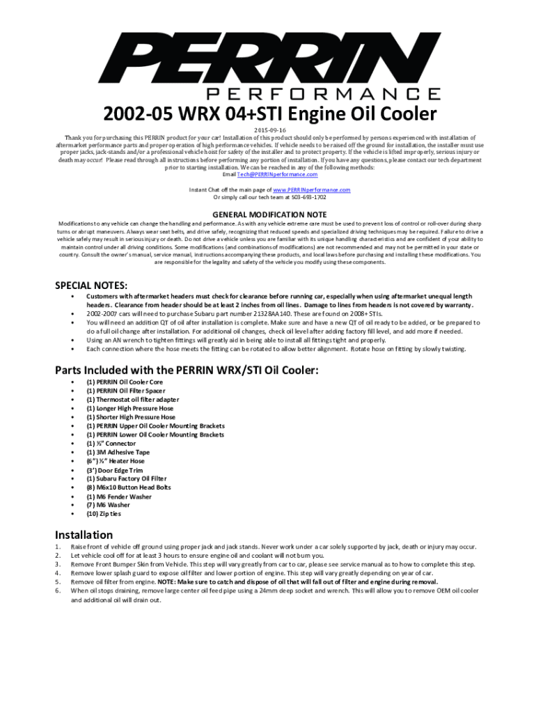 Fillable Online Perrin Performance PSP-OIL-100 Oil Cooler Kit FOR 02-14 ...