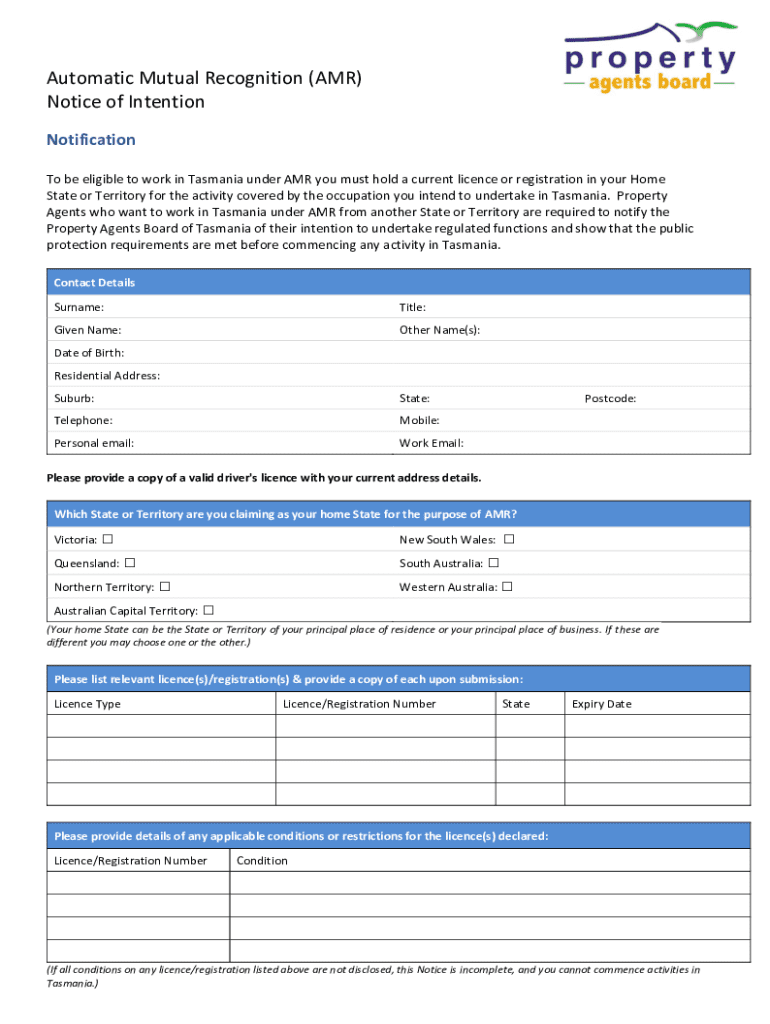 Fillable Online Automatic Mutual Recognition (AMR) Notice of Intention ...