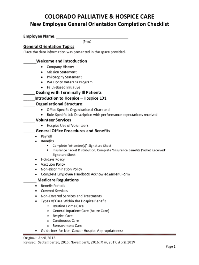 Fillable Online New Employee General Orientation Completion Checklist Colorado 2019 4.docx Fax ...