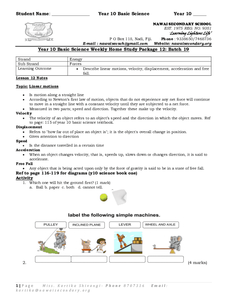 Fillable Online Year 10 Basic Science Weekly Home Study Package 12 ...