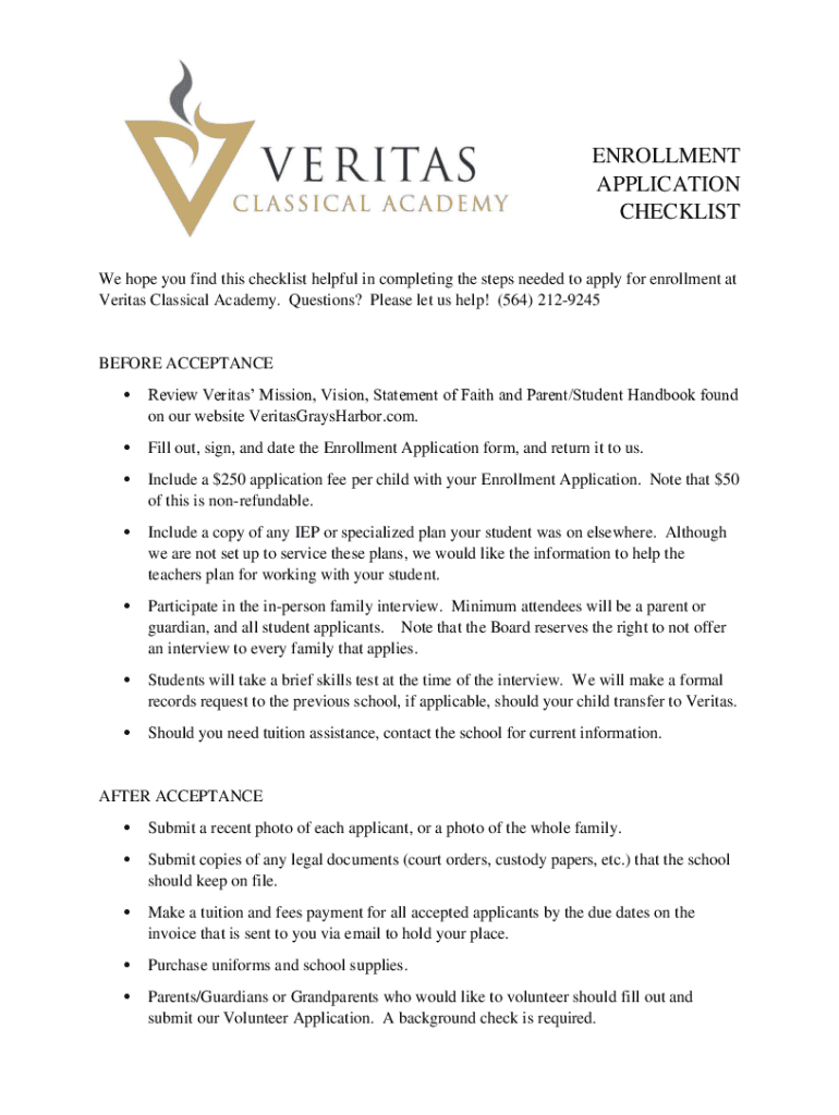 Fillable Online Enrollment Application Checklist - Veritas Classical ...