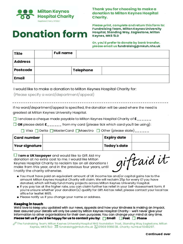 Fillable Online \'My Thank You\' launched by MK Hospital Charity ... Fax Email Print - pdfFiller