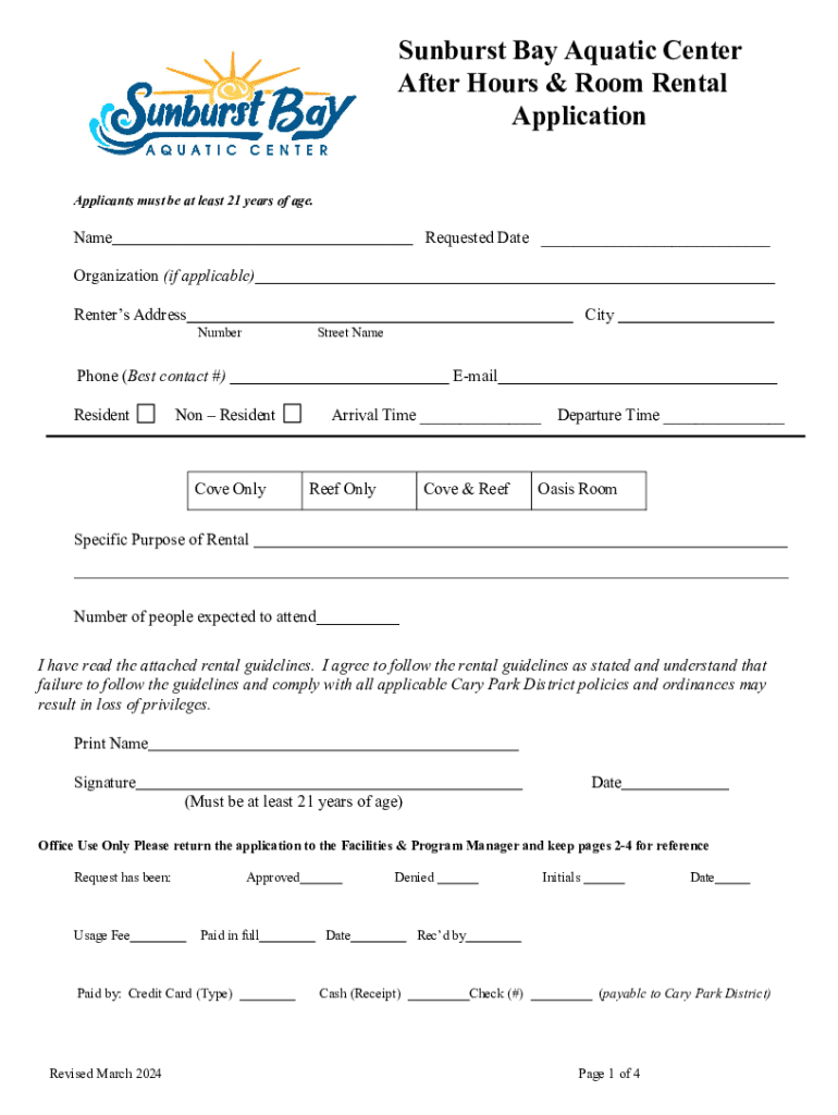 Fillable Online Sunburst Bay After Hours and Oasis Rental Application ...