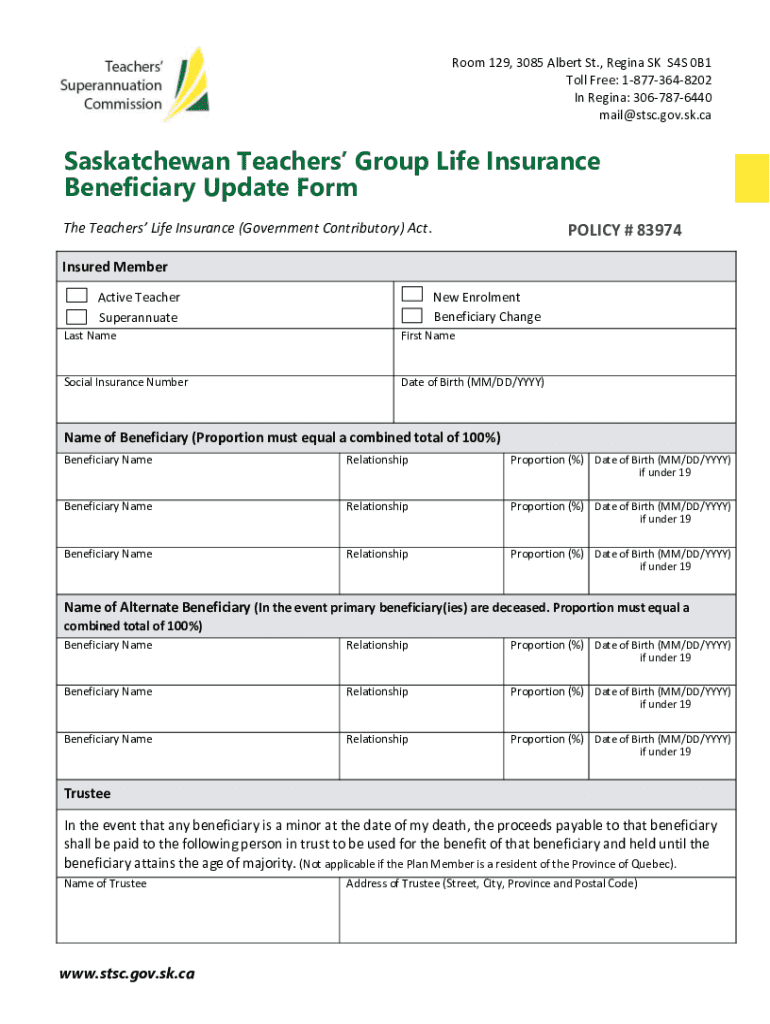 Fillable Online Teachers\' Group Life Insurance Beneficiary Update Form ...